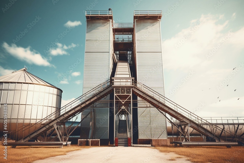 Modern grain elevator with metallic beams, trusses, and silo for grain ...