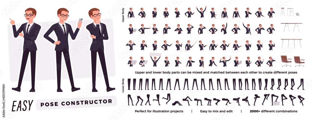 Businessman character easy pose constructor. Office man drag, drop set ...
