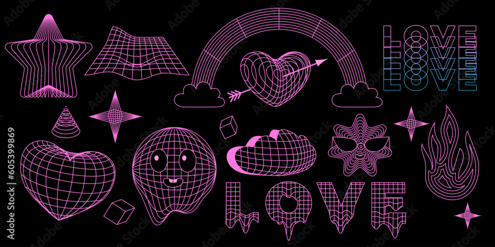 Set of geometry grids and wireframe shapes. Y2K retro wave. 2000s style ...