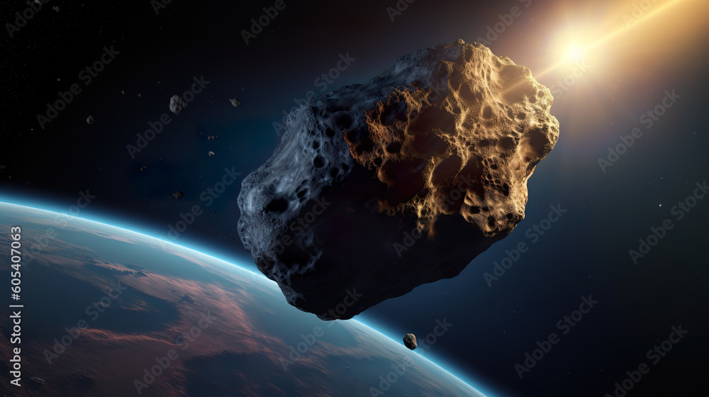 Asteroids in outer space on nebula background with starlight. A large asteroid flying in outer ...