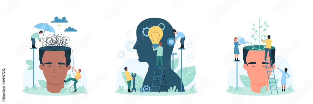 Mental health and self growth set vector illustration. Cartoon tiny ...