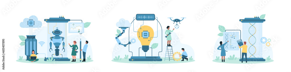 Science technology of future set vector illustration. Cartoon tiny ...