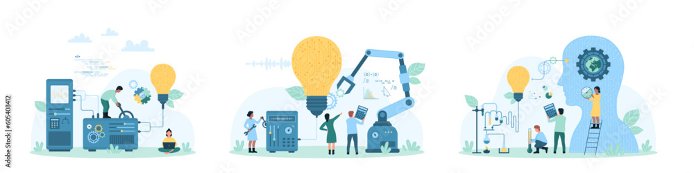 Technology innovation set vector illustration. Cartoon tiny people ...