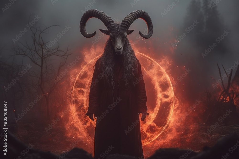 Grim reaper with horns in the forest. Halloween concept. Baphomet demon ...
