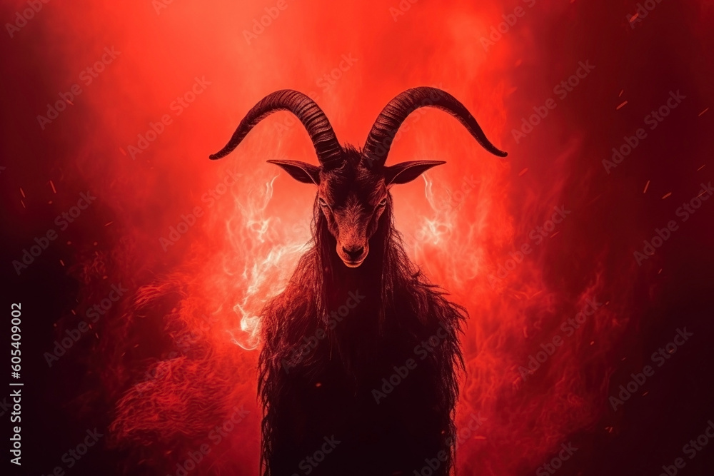 Portrait of a ram on a dark background with fire and smoke. Baphomet ...
