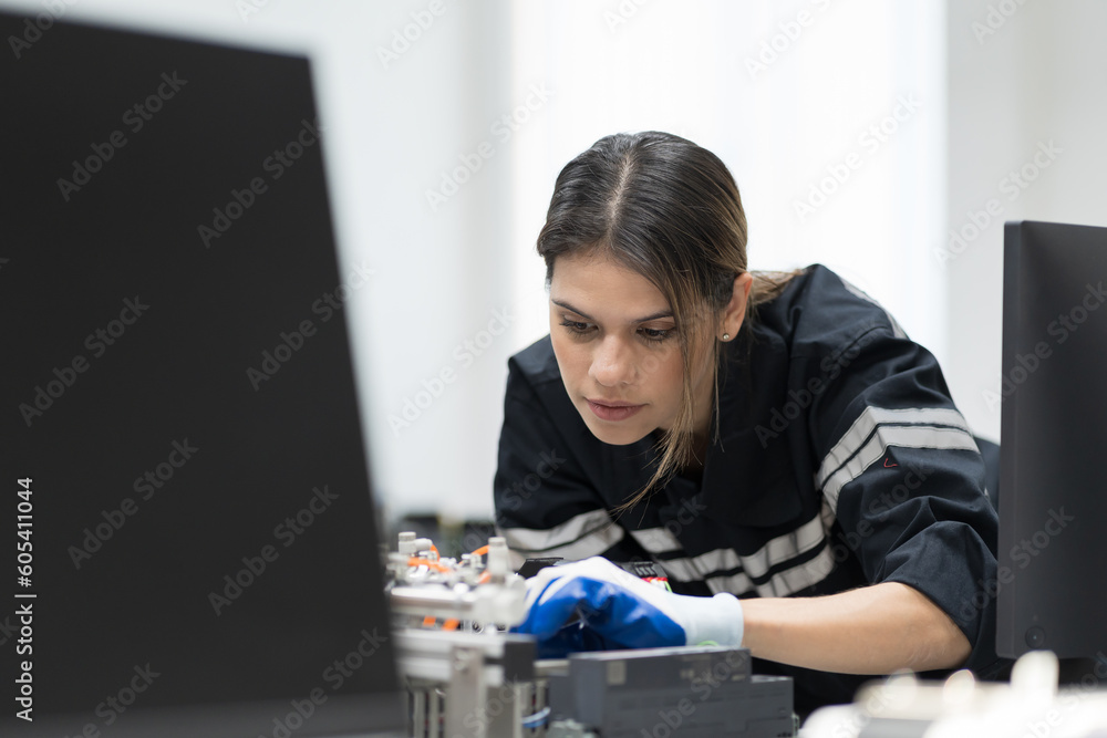 Female engineer assembling computer parts and mechatronics engineering ...