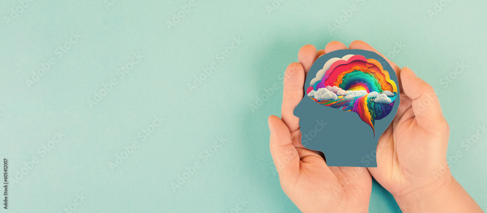 Brain with rainbow cloud, creativity explosion of ideas, positive thinking mind, self identidy ...