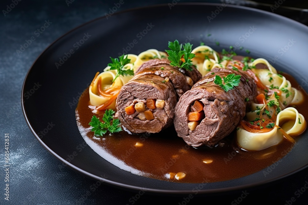 Traditional slow cooked German Wagyu beef roulades with gnocchetti ...