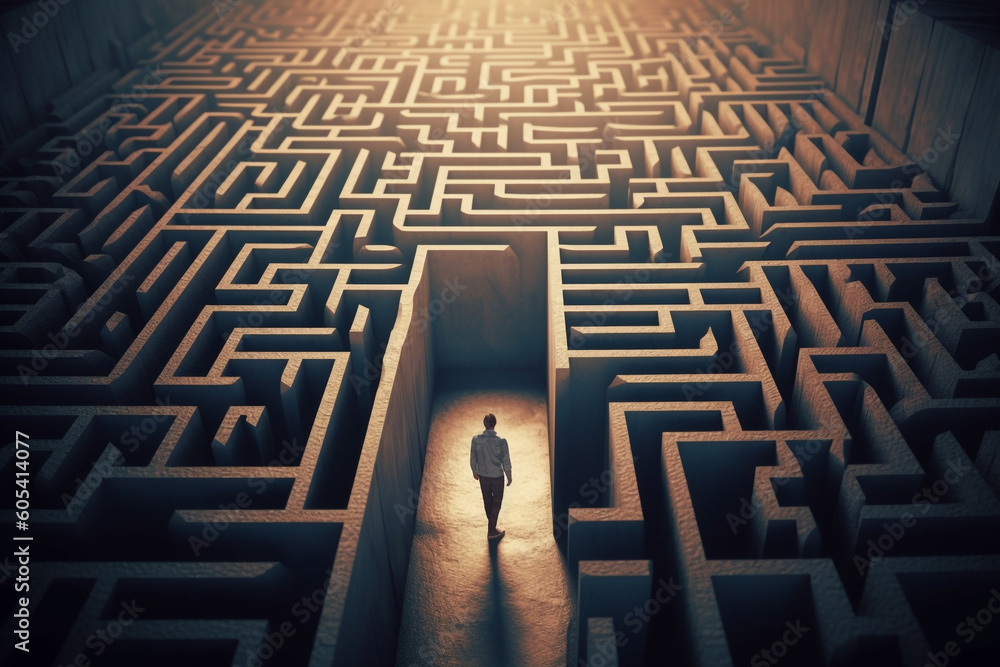 Man silhouette in maze or labyrinth. Finding solution and self concept ...