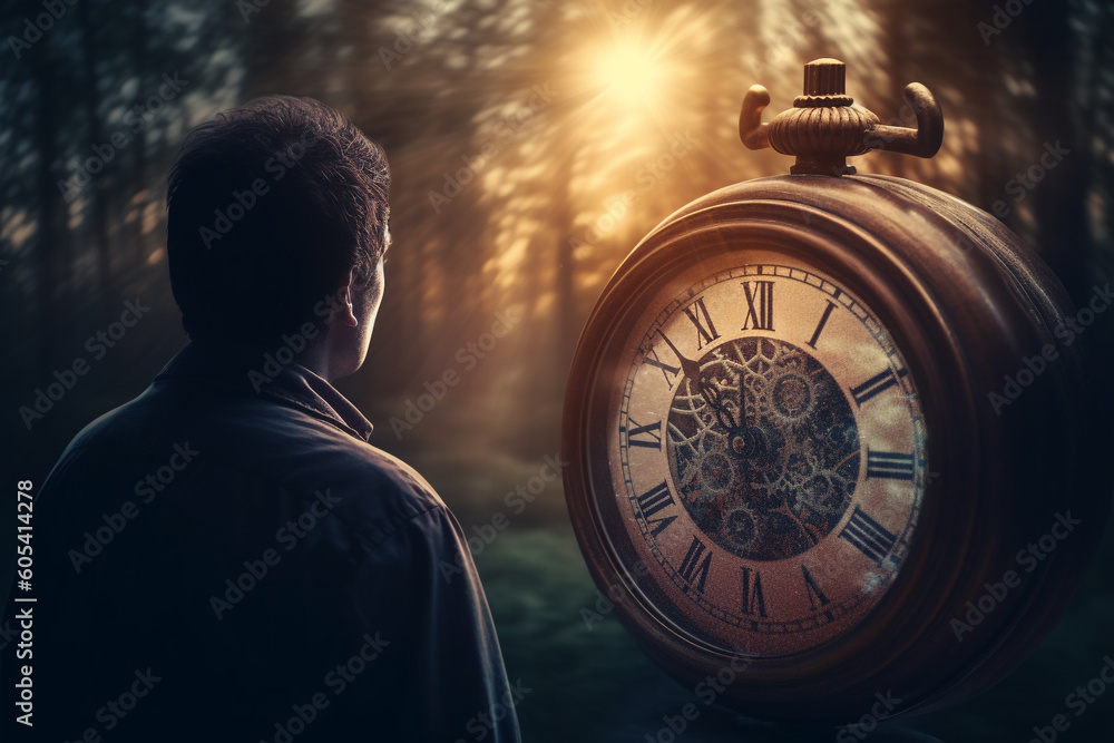 Abstract concept of time passing by. Human silhouette and old clock ...