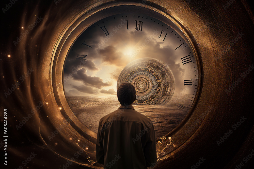 Abstract concept of time passing by. Human silhouette and old clock ...