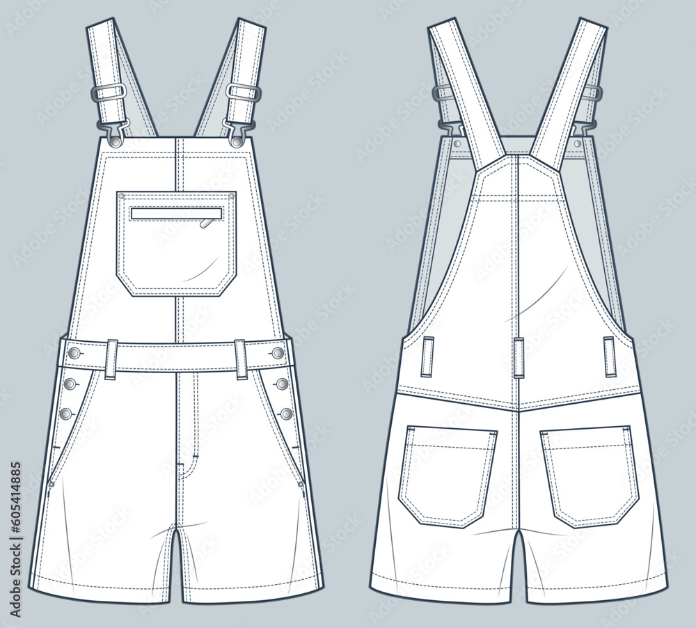 Denim Overalls fashion flat technical drawing template. Short Dungarees ...