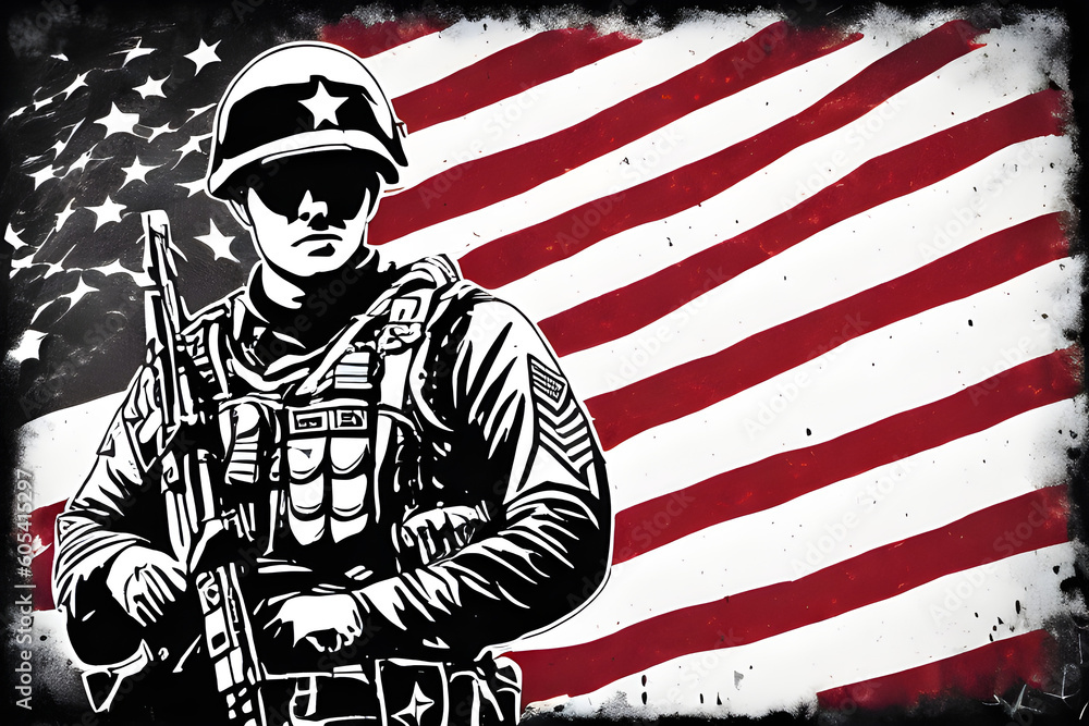 US army soldier with weapon silhouette on the USA American flag of ...