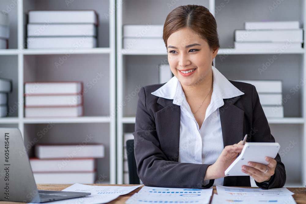 Happy Accountant officer employee businesswoman calculating invoice tax ...