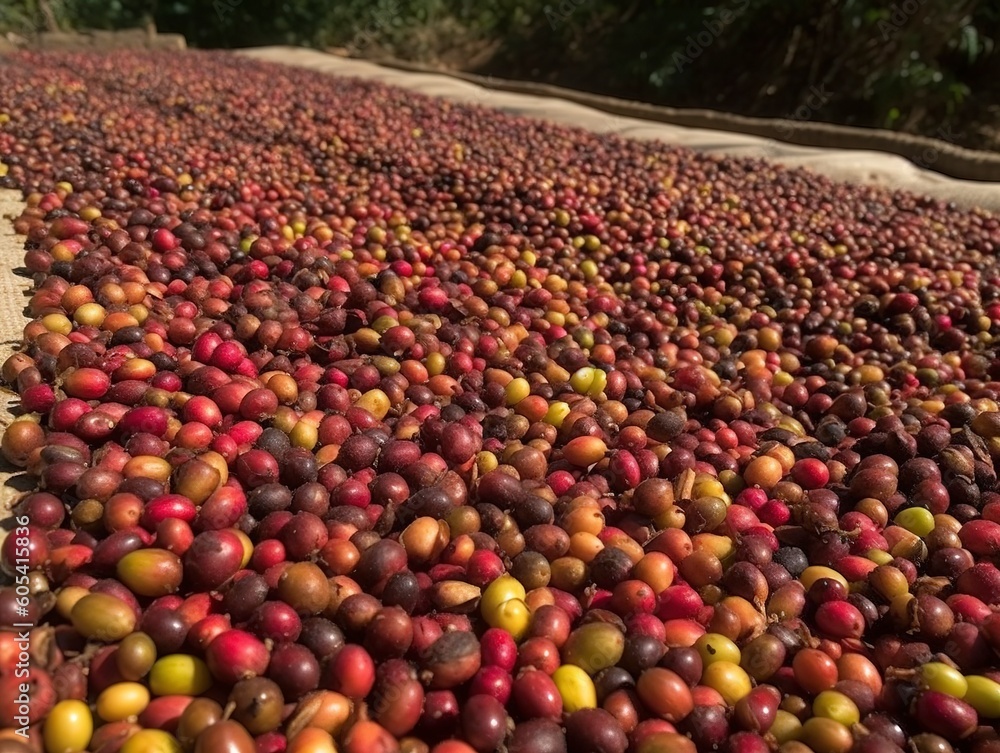 Ethiopian red and green coffee cherries lying to dry in the sun. This ...