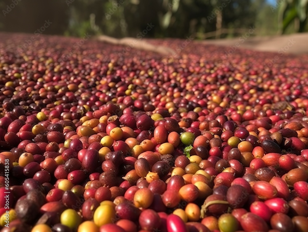 Ethiopian red and green coffee cherries lying to dry in the sun. This ...