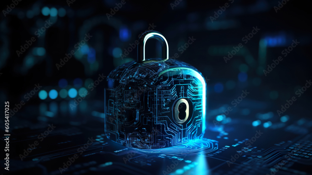 Network security concept data security lock with blue neon effect ...