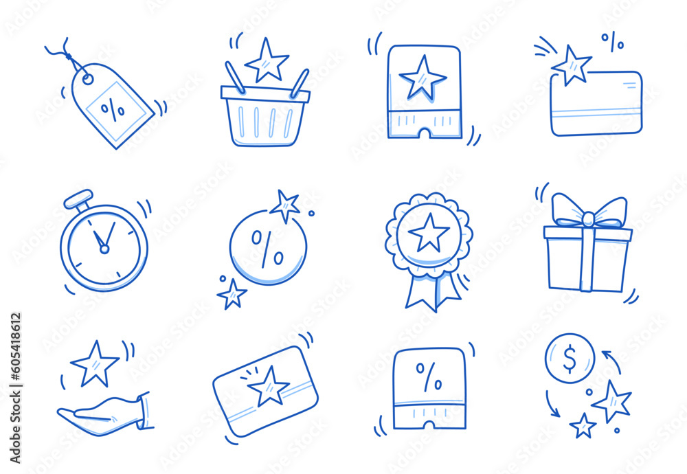 Doodle gift, discount coupon icon set. Hand drawn sketch style bonus ...