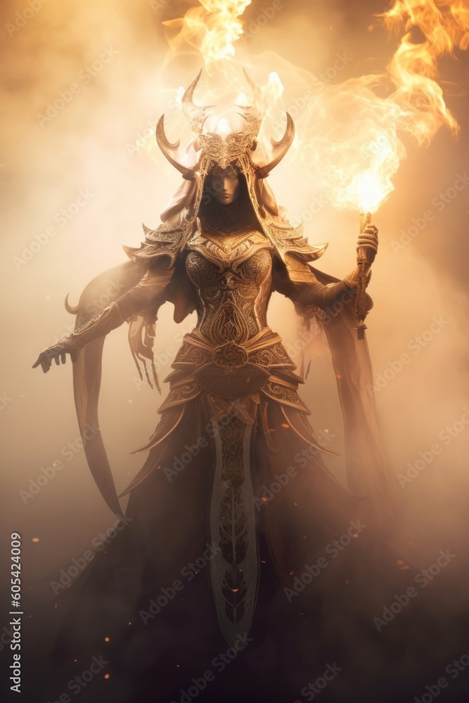 Warrior with fire and smoke on a dark background. Fantasy. Osiris ...