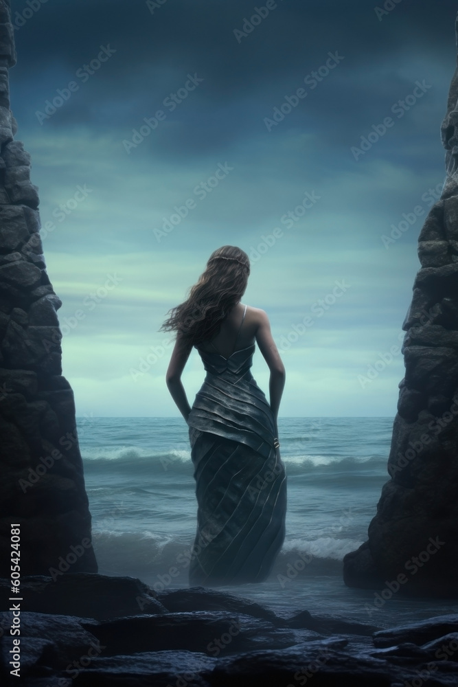 Beautiful woman in a long dress standing on the rocks by the sea ...