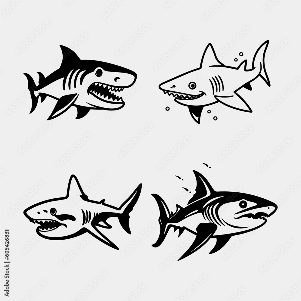 set of Sharks. Cartoon ocean fish character. Comic sharks emotions ...