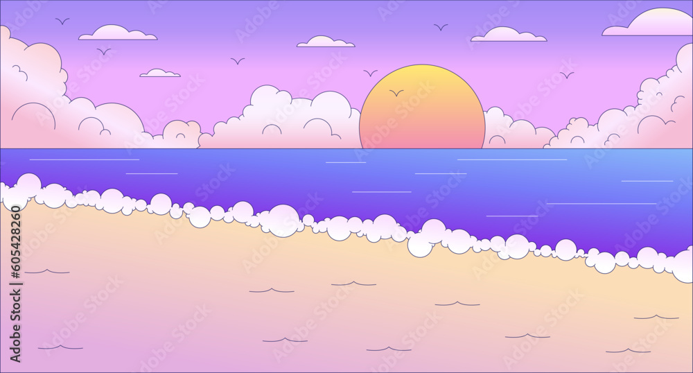Seascape sunset lo fi chill wallpaper. Sunrise ocean waves. Ocean coast ...
