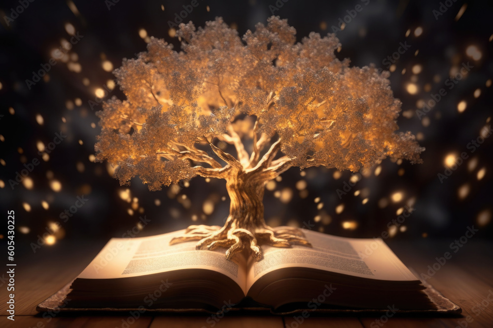 Mystery book with shining pages from which emerges a magical tree with ...
