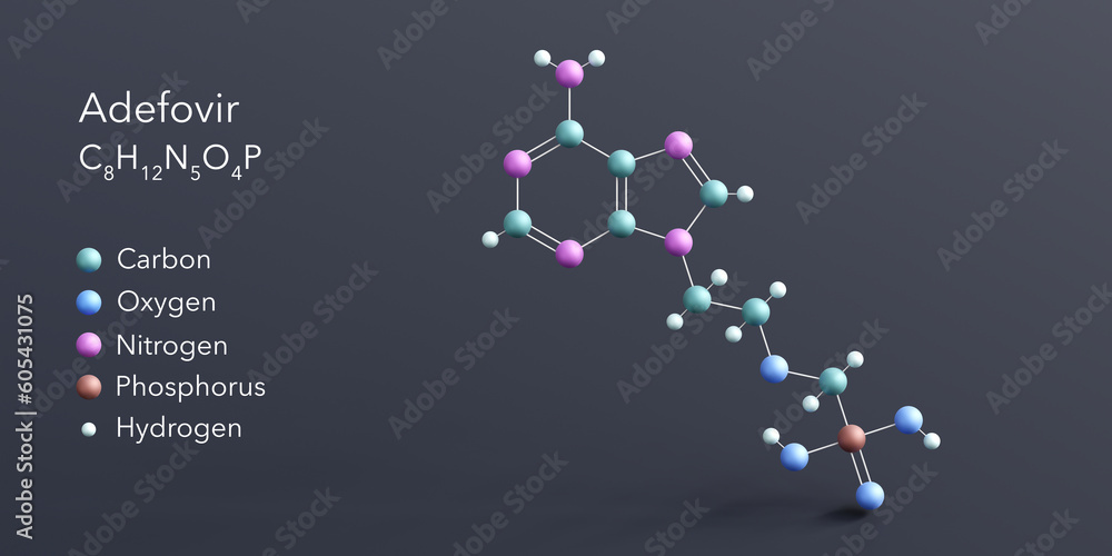 adefovir molecule 3d rendering, flat molecular structure with chemical ...