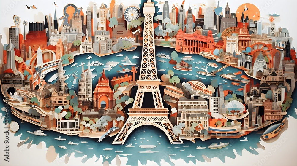 Papercut Illustration Paris & France, panorama travel postcard, poster ...