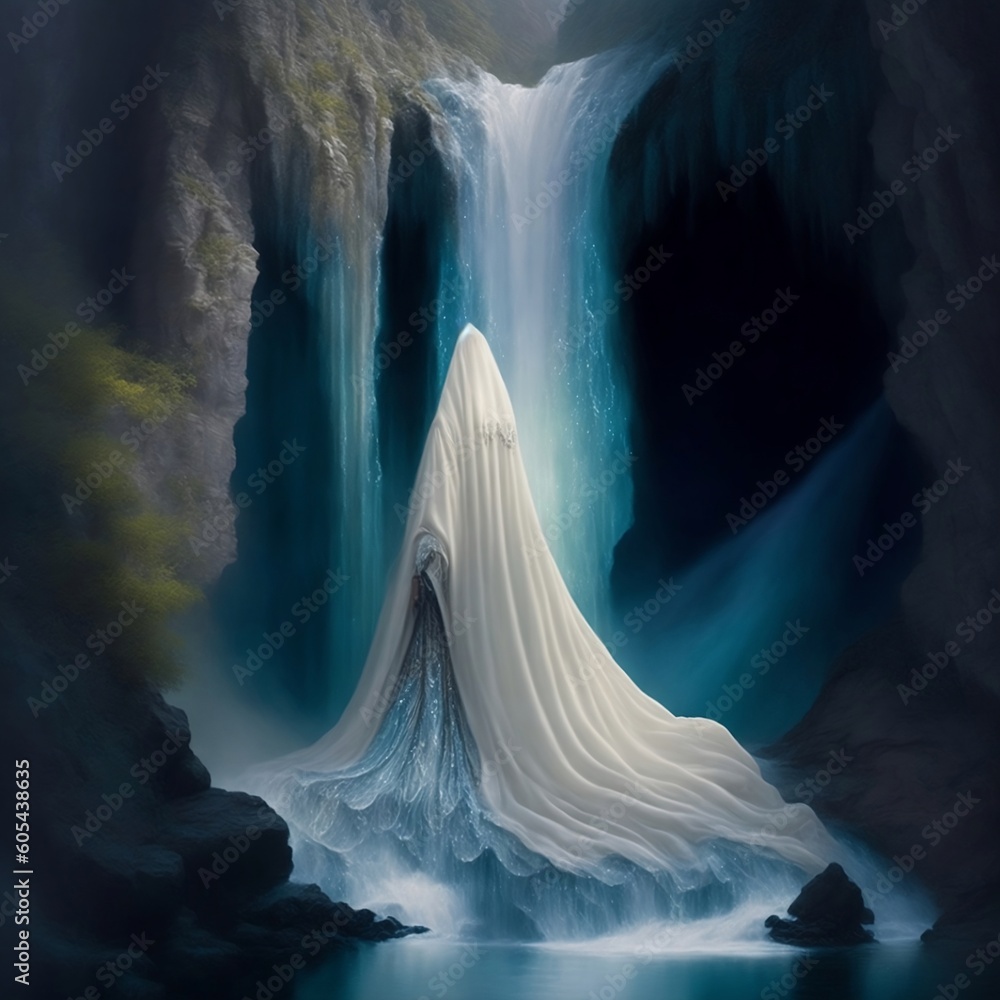 At the edge of a majestic waterfall cascading into a hidden cavern, a ...