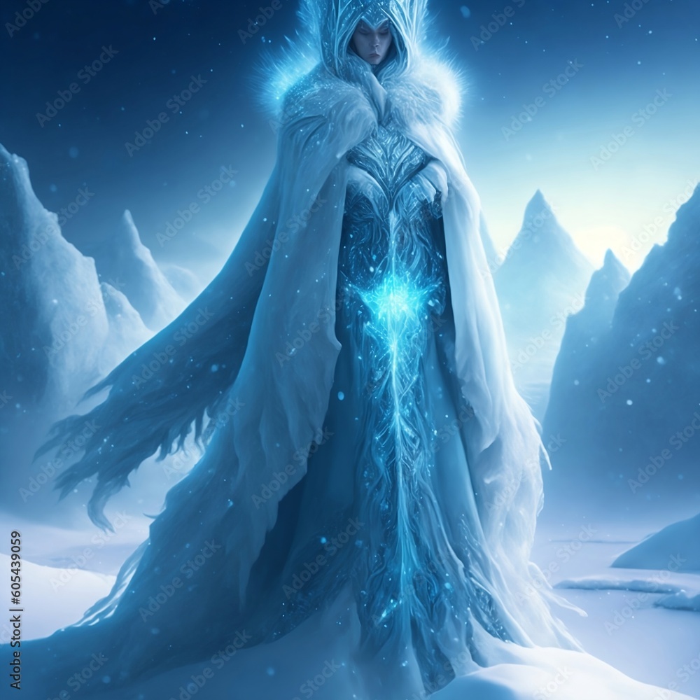 In the depths of a frozen tundra, a majestic figure in a shimmering ice ...