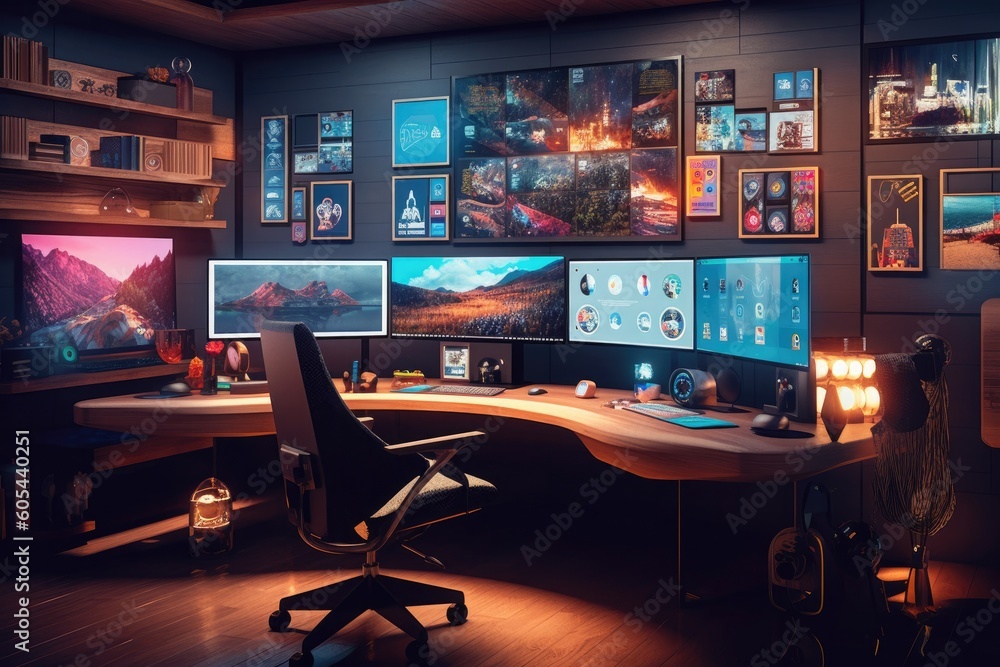 Tech-savvy creative business desk with multiple monitors, cutting-edge ...