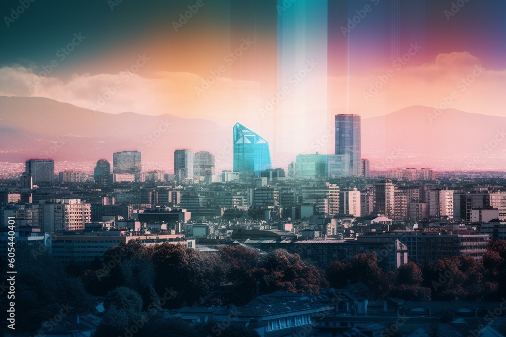 Skyline of Geneva highlighted with transparent colored layers and ...