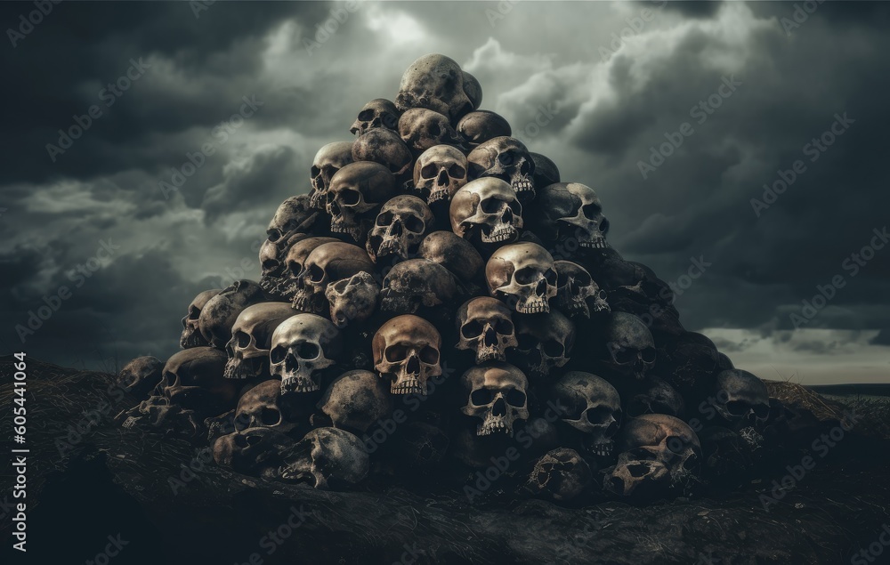 Bunch of Human Skulls covering dusty ground, death conceptual ...