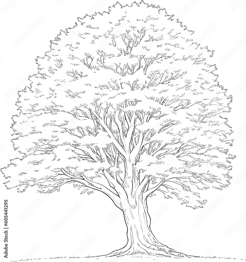Tree line drawing, Side view, set of graphics trees elements outline ...