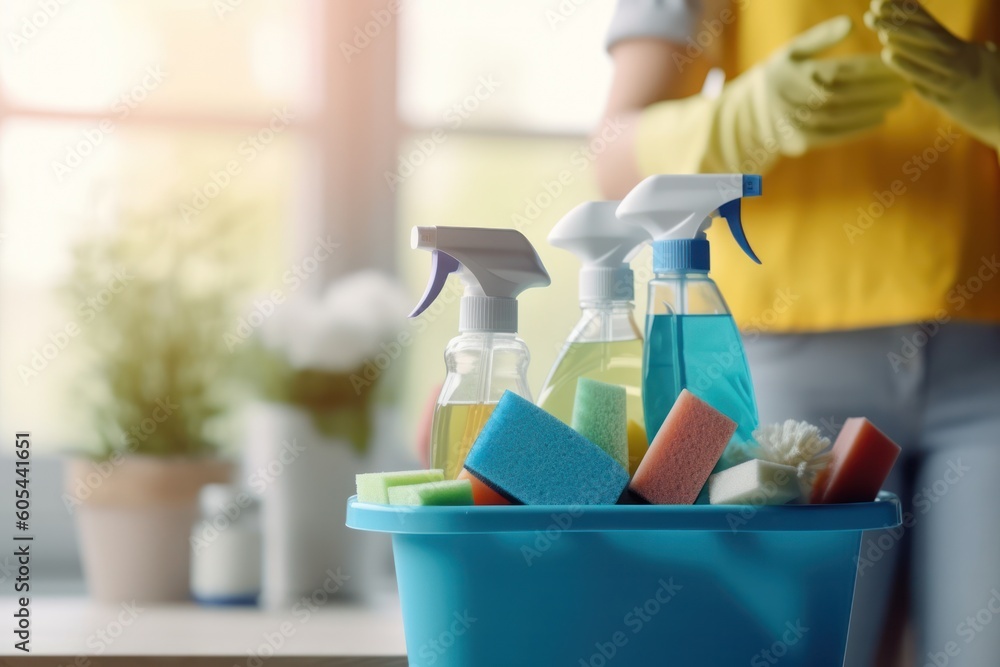 cropped cleaning woman with a bucket and various cleaning supplies on a ...