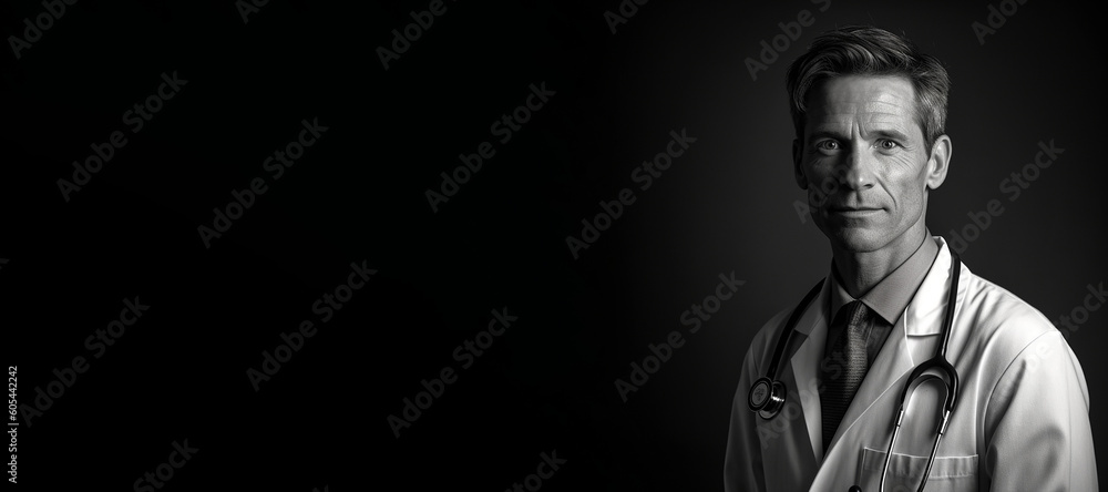 Black and white photorealistic studio portrait of a male medical doctor ...