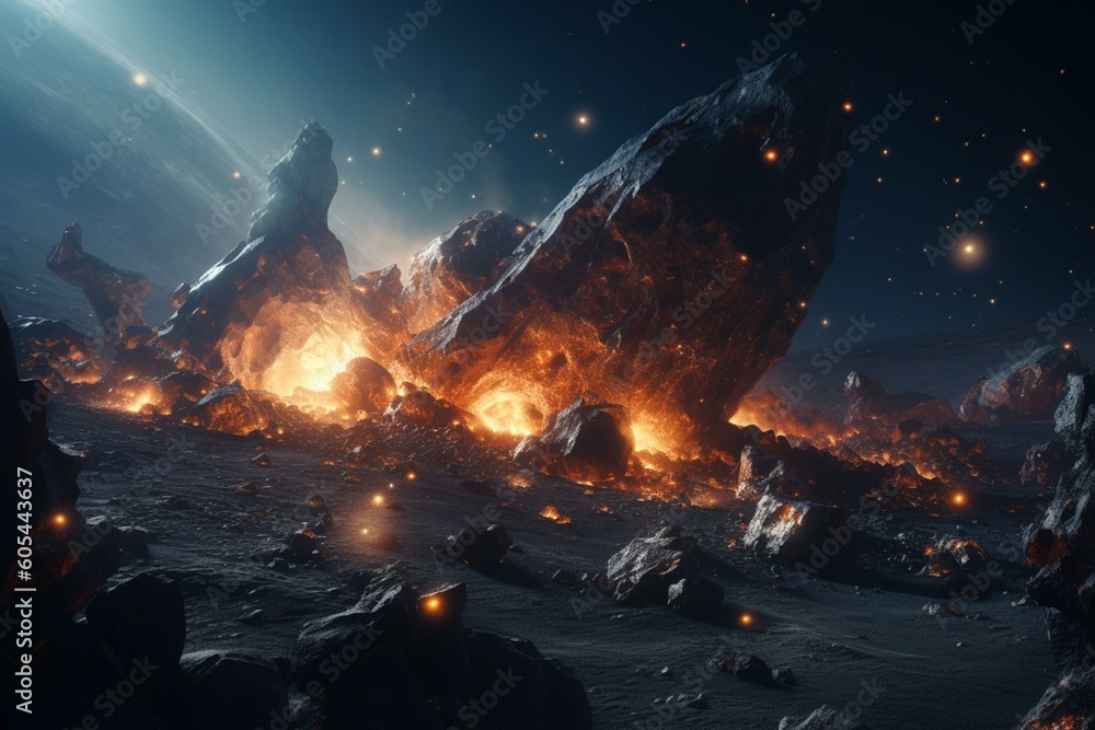 A space nebula filled with asteroids/meteorites in a sci-fi/fantasy art ...