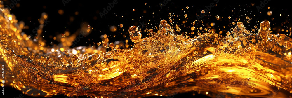 golden color water splash banner with beer texture on black background ...