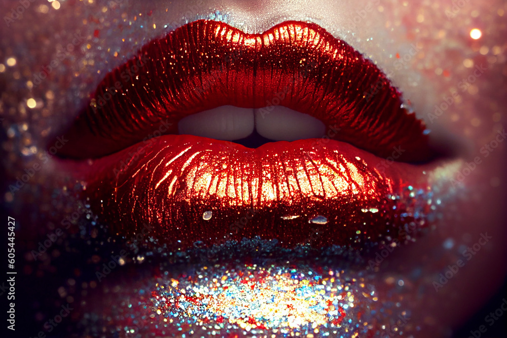 Shining sparkling female lips with red lipstick, macro view. Stock ...