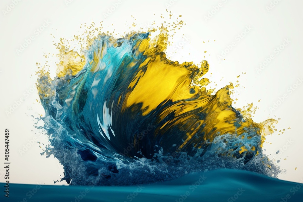 Blue and yellow abstract ocean wave with splashing water, isolated and ...