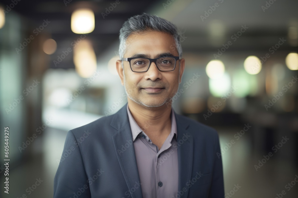 Mature smart indian businessman, smiling face, standing in blur ...