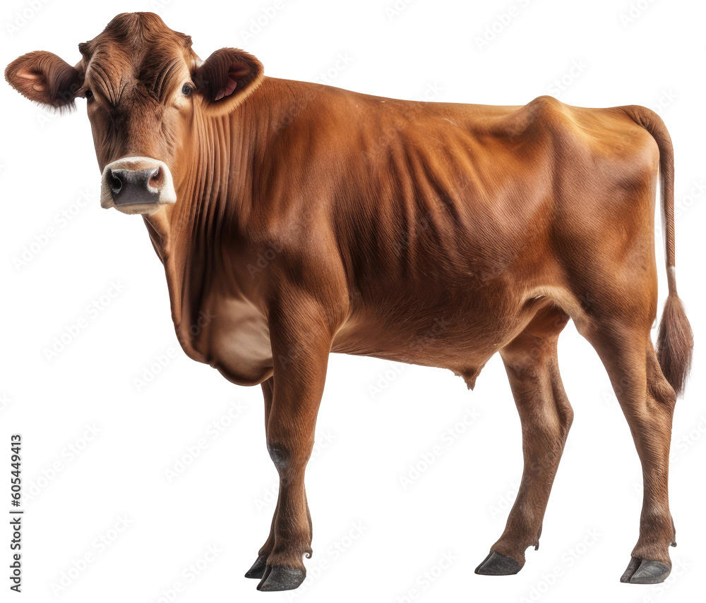 Standing brown domestic cow isolated on white background as transparent ...