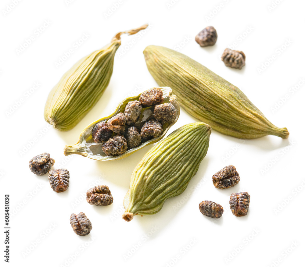 Cardamom pods and seeds isolated on white background with clipping path ...