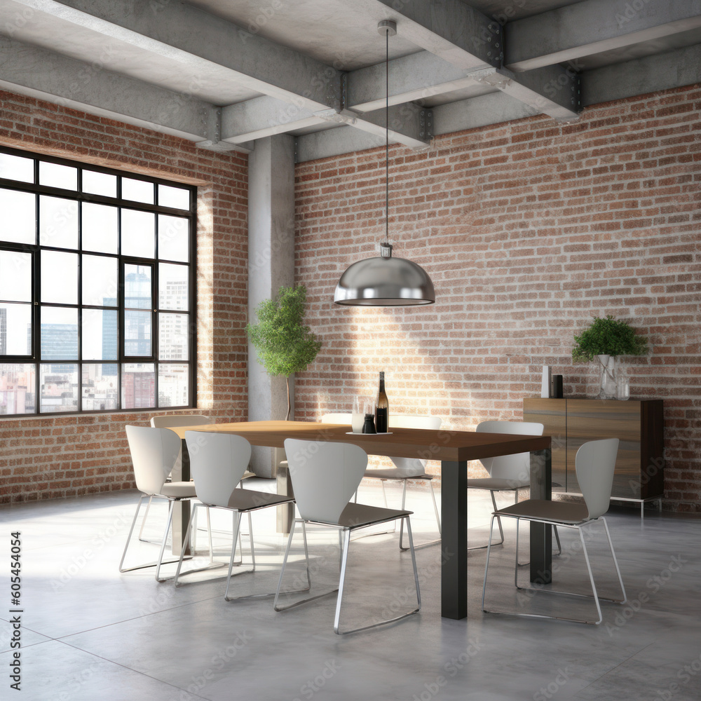 dining table takes center stage in a modern loft setting with an ...