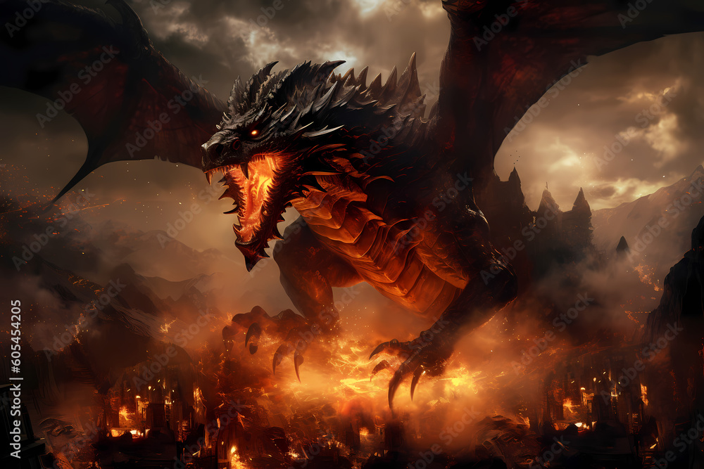 Dragon Breathing Fire Surrounded By Burning Desolate Landscape ...