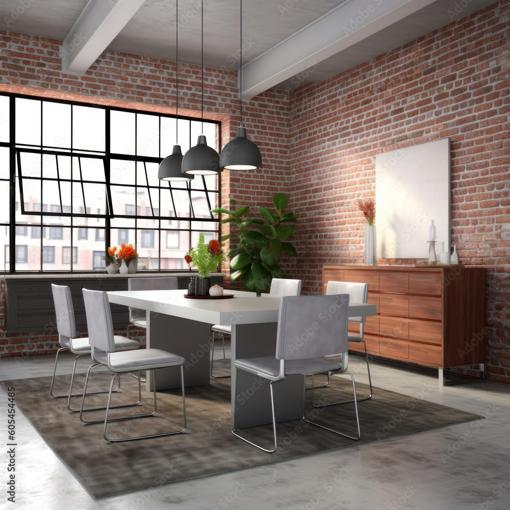 dining table takes center stage in a modern loft setting with an ...
