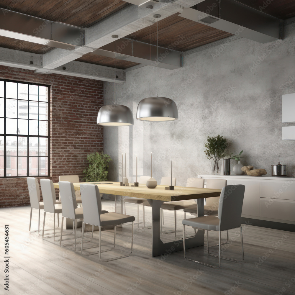 dining table takes center stage in a modern loft setting with an ...