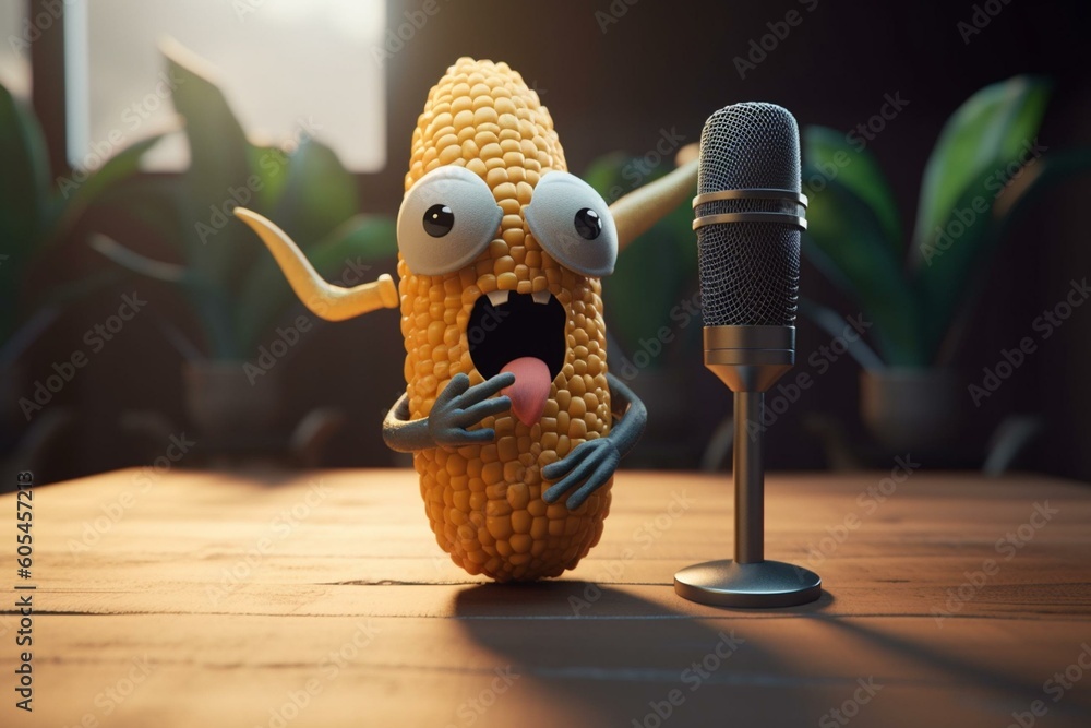 Corn cartoon mascot conducting interview with microphone. Generative AI ...