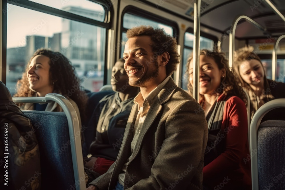 A diverse group of people commence their morning commute on a city bus ...